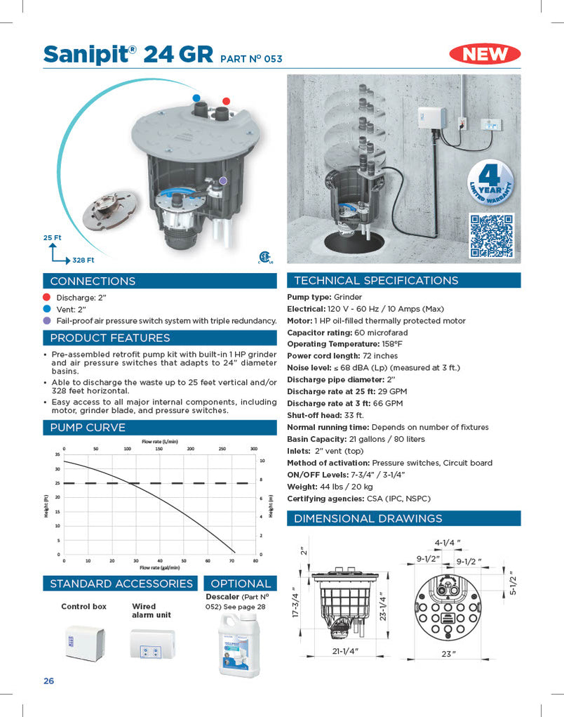Saniflo 053 Sanipit 24 GR Retrofit 1HP Sewage Grinder System