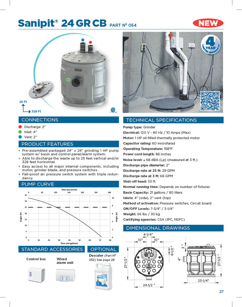 Saniflo 054 Sanipit 24 GR CB 24" 1HP Sewage Grinder System