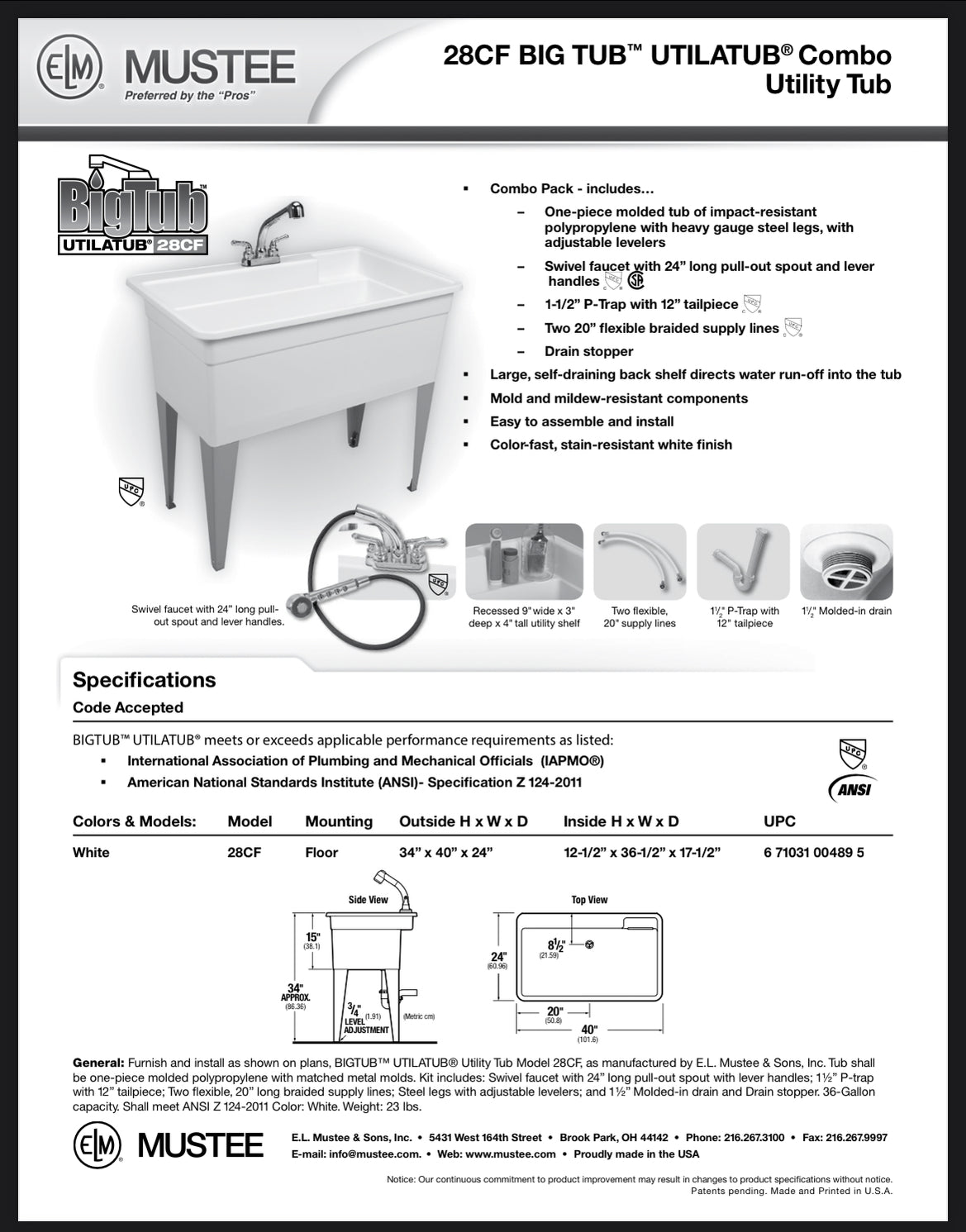 Mustee 28CF Big Tub Utilatub Combo Utility Sink 24" X 40"
